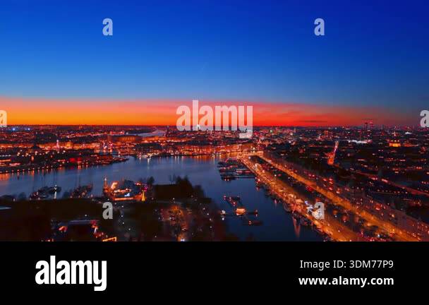 Magnificent scenery of modern Stockholm, Sweden with city lights on at ...