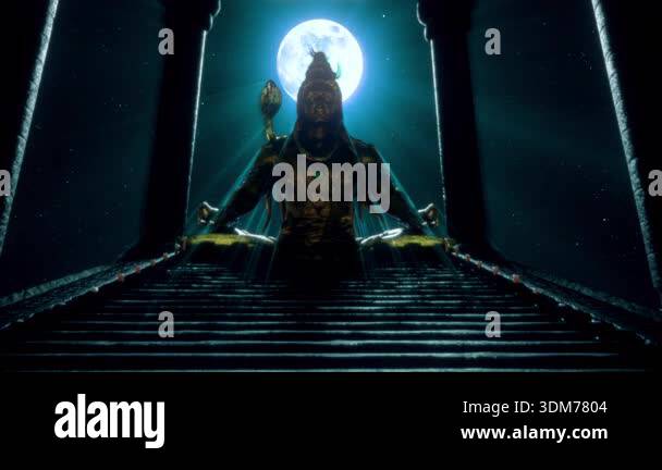 Majestic Shiva statue seated in meditation beneath a glowing full moon ...