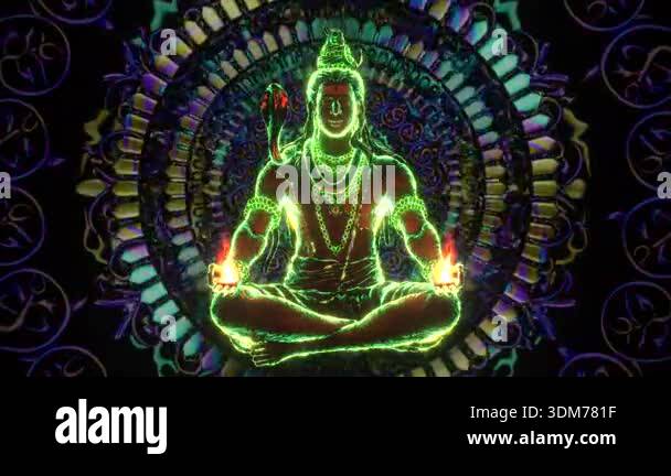 Shiva meditating in lotus pose surrounded by radiant green energy and ...