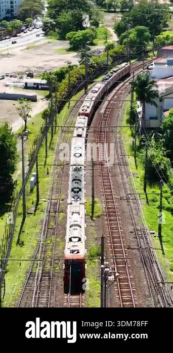 Panorama aerial view of suburban railway train station at Sao Paulo ...
