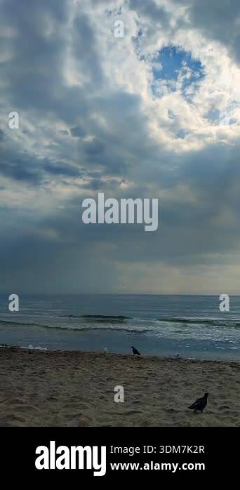 Large dark rainy clouds in sky over sea. Sandy beach on seashore and ...