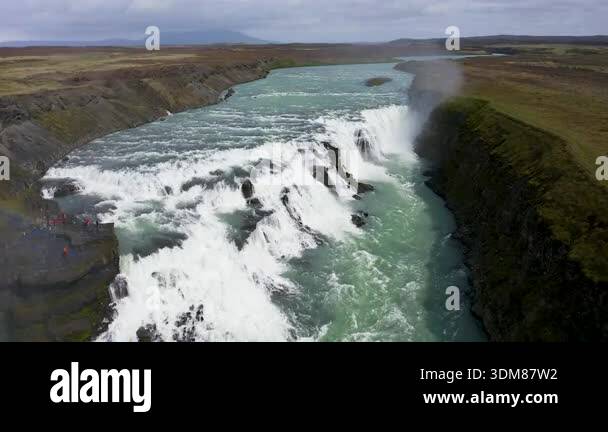Aerial view of the amazing Gullfoss waterfall and Hvit River Canyon in ...
