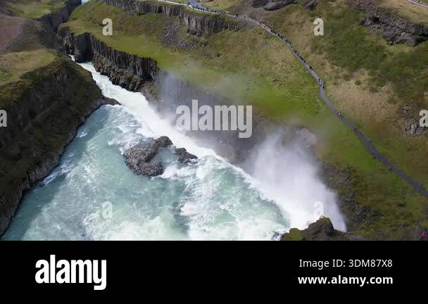 Aerial view of the amazing Gullfoss waterfall and Hvit River Canyon in ...