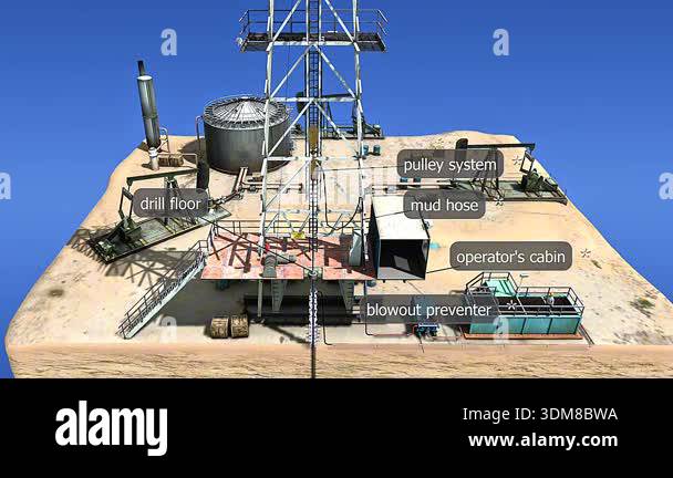 3d animation of oil extraction machinery showing pumpjack, drilling rig ...