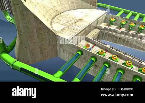 3d animation of hydroelectric power plant 3D view showing dam ...