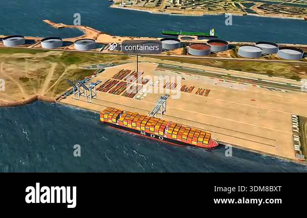 3d animation of container port showing cargo ships, cranes, stacked ...