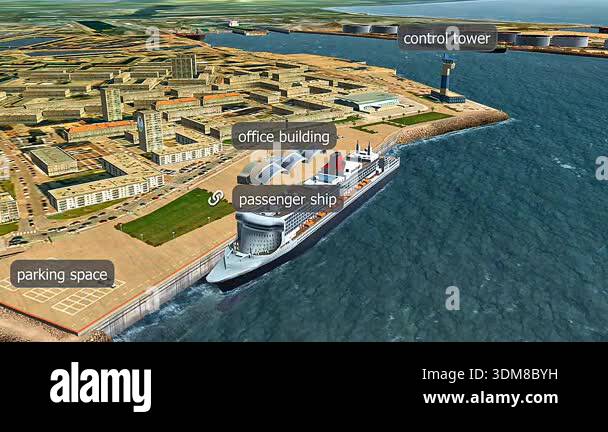 3d animation of passenger ship port showing docks, cruise liners ...