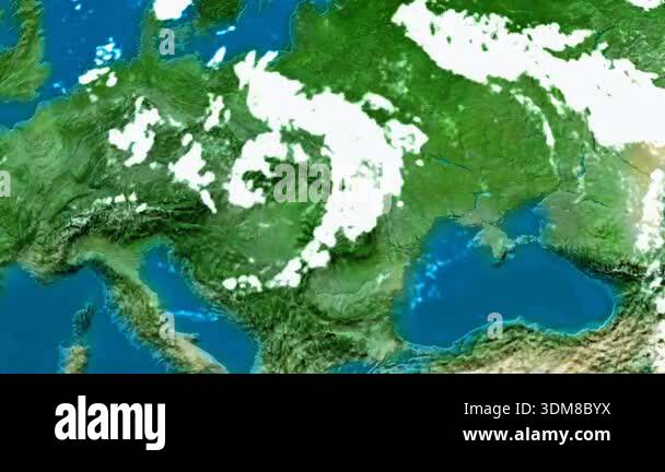 3d animation of mid latitude cyclone showing spiral cloud bands, warm ...
