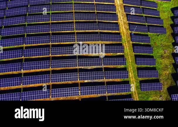 Straight down aerial view of multiple rows of solar panels divided by a ...