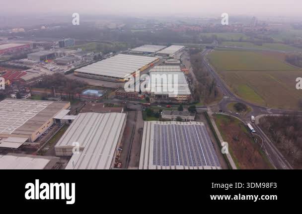 Aerial view of a large industrial area featuring warehouses and ...