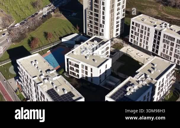 Rotating aerial view of a modern residential area with apartment ...