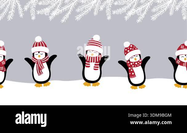 Christmas Animation. Happy Penguins Enjoy Winter Holidays. Loop Border ...