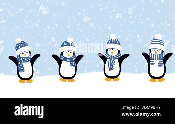 Christmas Animation. Happy Penguins Enjoy Winter Holidays. Funny ...