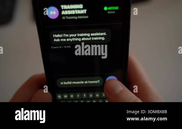 User communicates with AI fitness assistant via smartphone, close-up ...