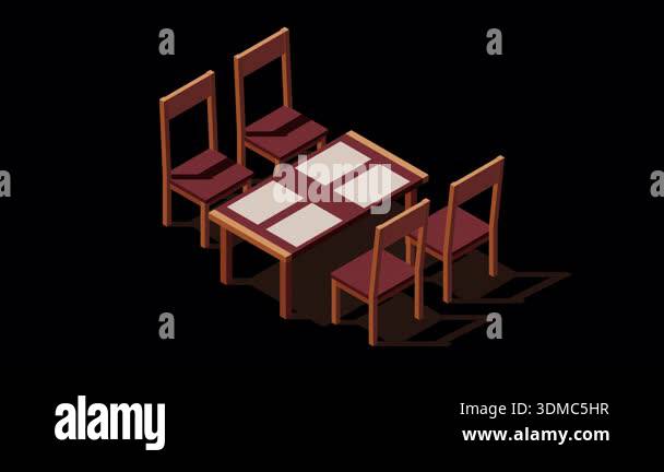 Isometric dining table animation. Wooden dining table. Wooden table and ...