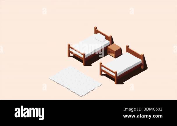 Isometric bedroom animation. Bedroom interior. Bed, lamp, carpet, and ...