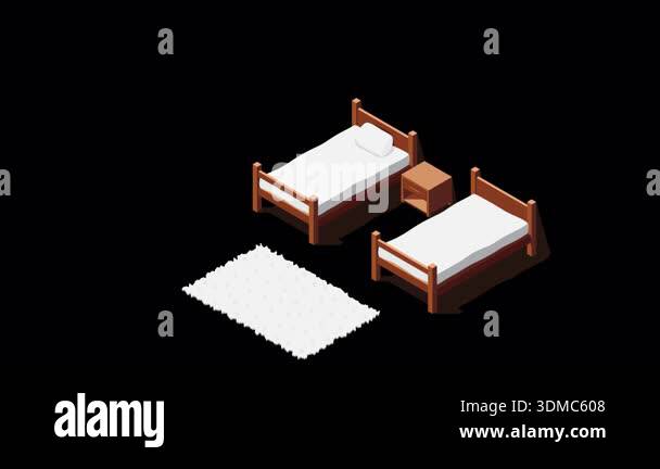 Isometric bedroom animation. Bedroom interior. Bed, lamp, carpet, and ...