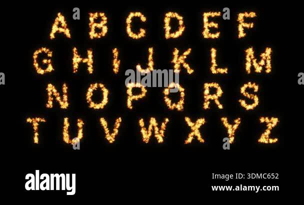 Burning letters of the alphabet from A to Z, made with fire on a black ...
