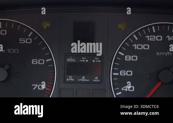 Close-up of car dashboard with tachometer and speedometer flashing and ...