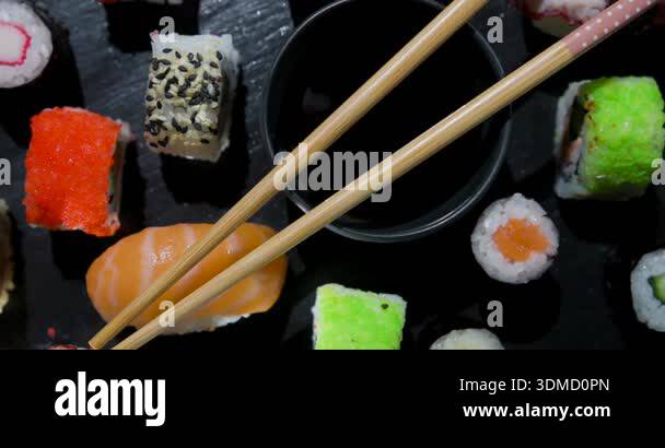 Overhead Colorful Sushi Assortment With Chopsticks Showcasing Diverse ...