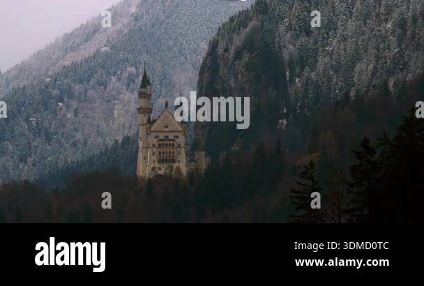 Snowy Alpine Castle Beneath Forested Cliff, Lonely Neuschwanstein ...