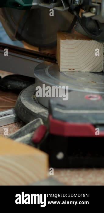 Super Slow Motion, Miter Saw Cutting Wood Closeup, Carpenter Trimming ...