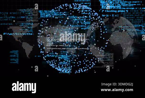 Initiating dotted map sending code streams forming swirling 3D globe ...