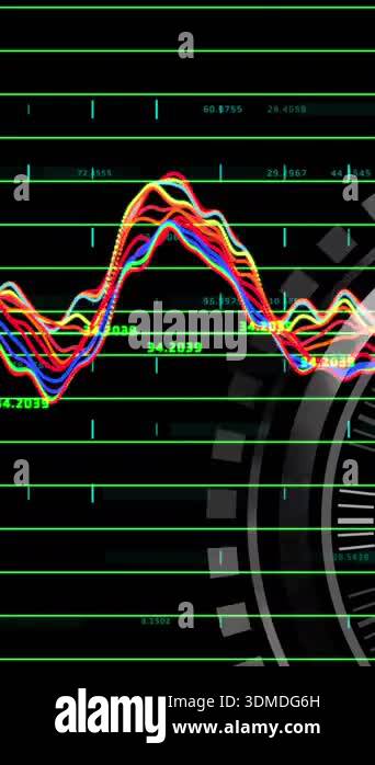 Animation of ticking clock over data processing against black ...