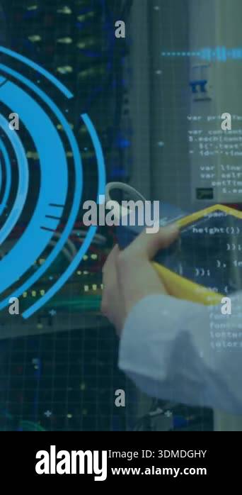 Circular data processing animation over person working with network ...