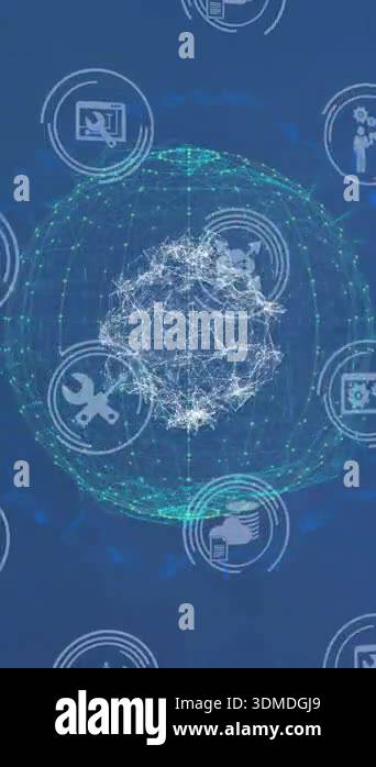 Global network and technology icons animation over blue background ...