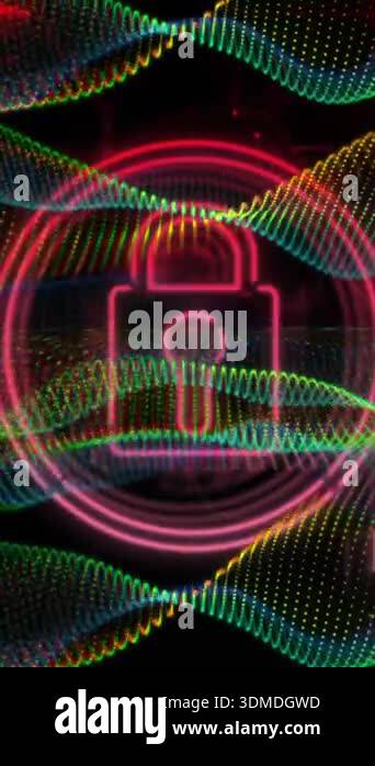 Animation of padlock icon over colourful spots. Global business and ...