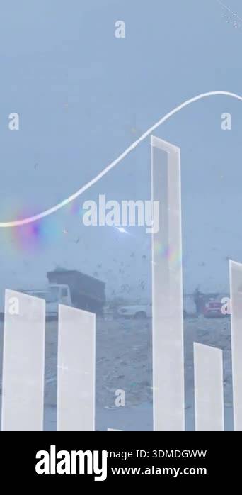 Animation of graph and data over timelapse with trucks on waste dump ...