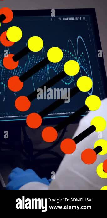 DNA strand animation over scientist analyzing data on computer screen ...