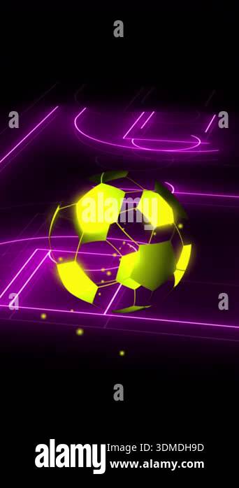 Animation of yellow digital wave and 3d soccer ball spinning over neon ...