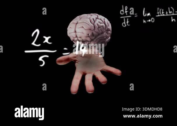 Equation appearing on void launching brain fading on hand, rotating ...