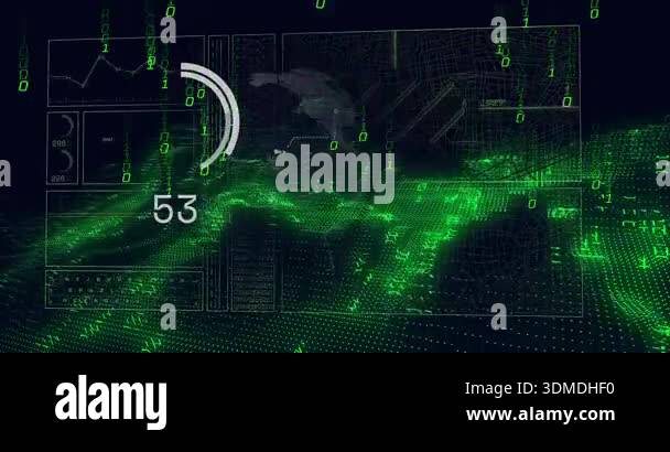 Opening dark void with binary code globe emerging, gauge counting up ...