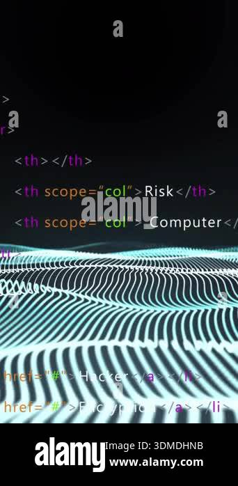 HTML code animation over undulating grid lines on dark background ...