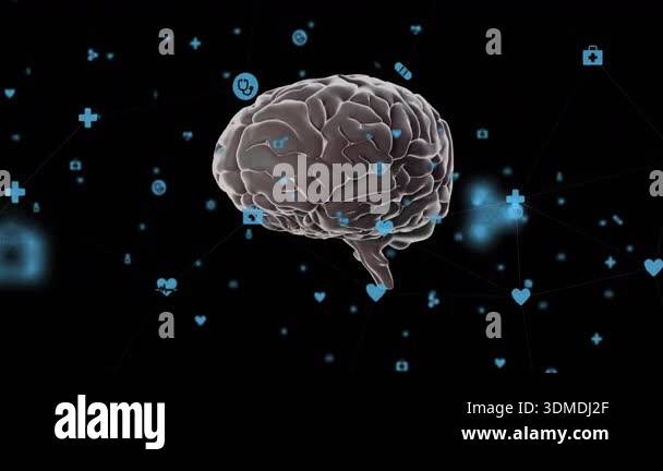 Animation showing gray 3d brain rotating clockwise as blue icons ...