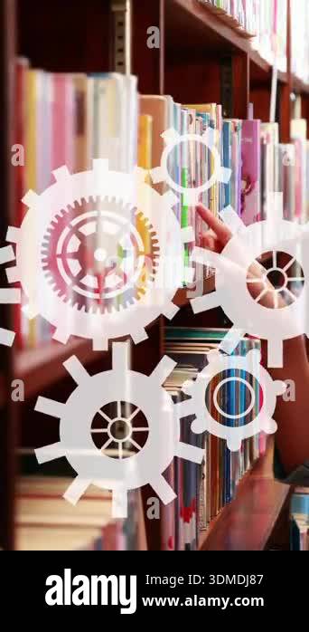 Gears and cogs animation over person reading book in library. Learning ...