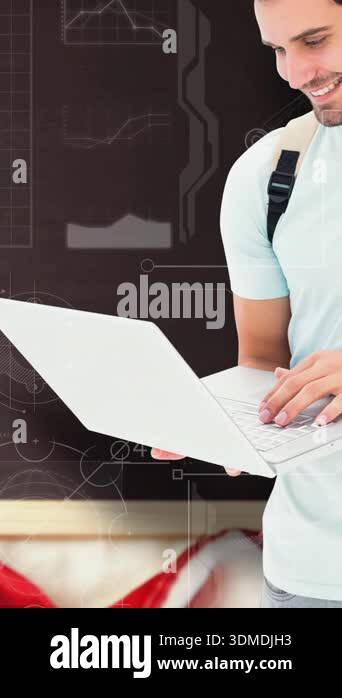 Animation of male student using laptop moving over blackboard and ...