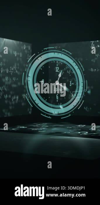 Clock and mathematical formulas animation over dark background. Time ...