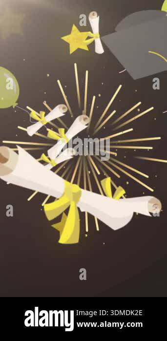 Animation of graduation letter icons over stars and fireworks on black ...