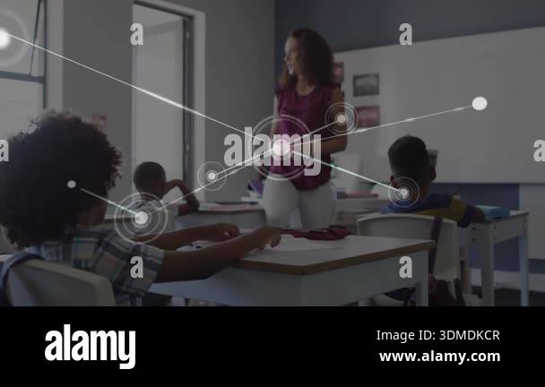 Teacher greeting class while network graphic connecting teacher and ...