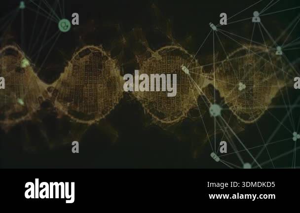 Dark backdrop starting golden helix forming as green network icons ...