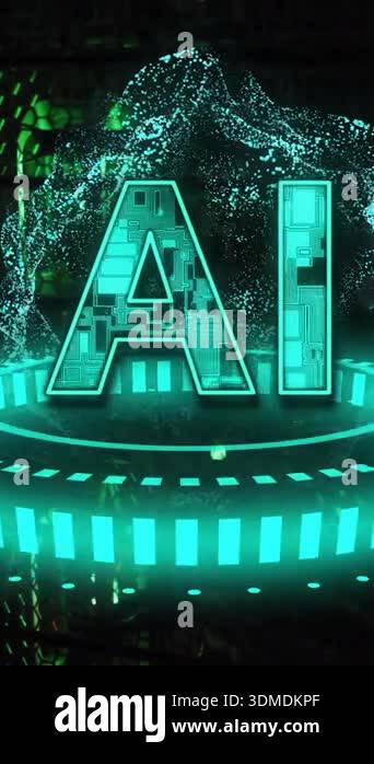 AI text animation over futuristic digital interface with glowing green ...
