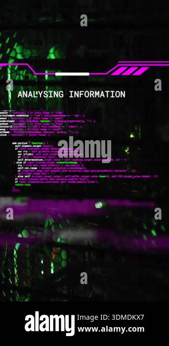 Analyzing information text animation over green and black digital ...