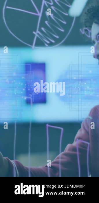 Writing on transparent board, young professional over digital data ...
