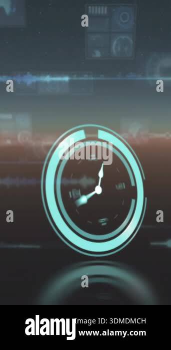 Neon digital clock ticking against multiple round scanners and data ...