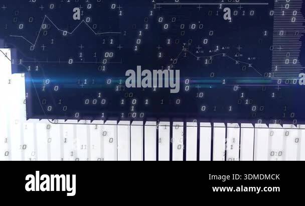 Floating binary digits initiating columns rising into 3D bar chart for ...