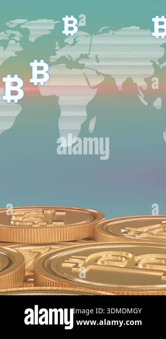 Animation of world map with bitcoin symbols with gold bitcoins on green ...